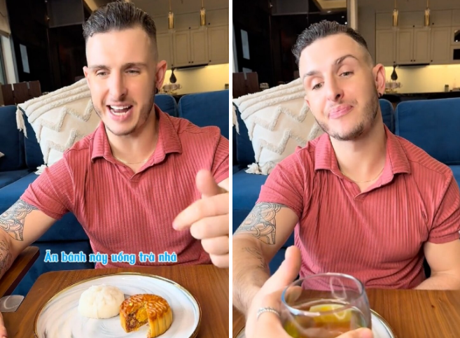 Chàng rể Tây 'phê' hết cỡ khi ăn bánh trung thu cùng trà xanh